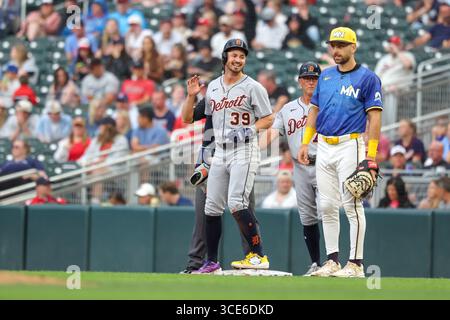 Detroit Tigers' Zach McKinstry celebrates after advancing to third base ...