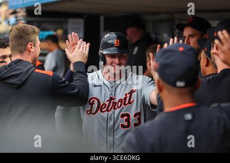Detroit Tigers' Colt Keith celebrates after hitting a single during the ...