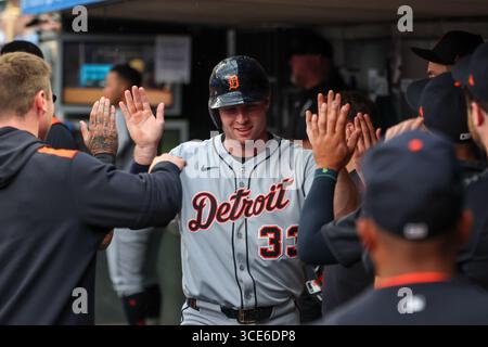 Detroit Tigers' Colt Keith celebrates after hitting a single during the ...