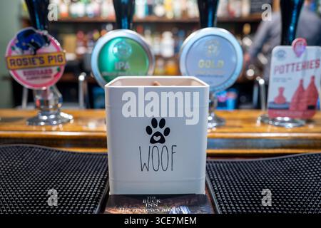 A bowl of dog food and treats in the form of bones on a wooden floor ...