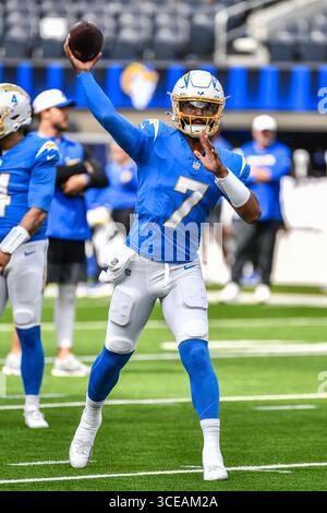 Los Angeles Chargers quarterback DJ Uiagalelei (7) looks to throw a ...