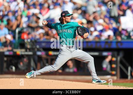 Seattle Mariners pitcher Bryan Woo speaks during a media availability ...