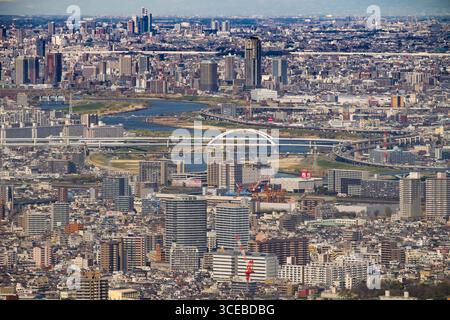 Tokyo city aerial view with Arakawa River. Tachibana and Hirai ...