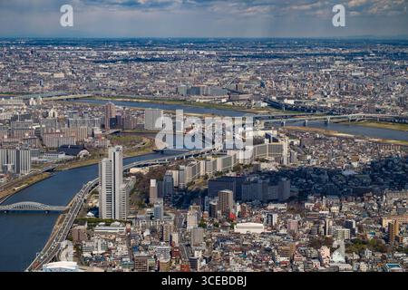 Aerial view looking North of Sumida and Arakawa Rivers seen from the ...