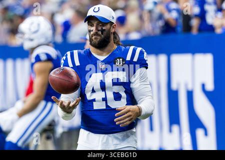 Indianapolis Colts long snapper Luke Rhodes (46) warms up on the field during an NFL football ...