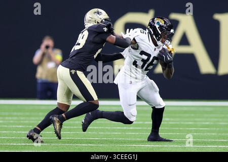 New Orleans Saints cornerback Quincy Riley (29) walks off the field ...