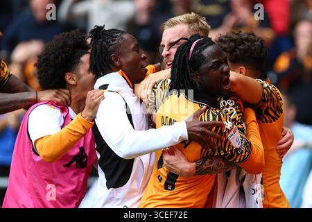 David Akintola of Hull City celebrates scoring the first goal during ...