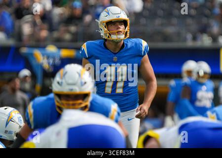 Los Angeles Chargers kicker Cameron Dicker warms up before an NFL ...