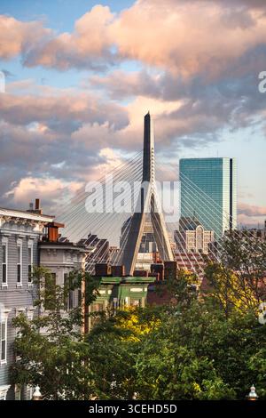 Boston Massachusetts modern bridge spans city skyline as seen from ...