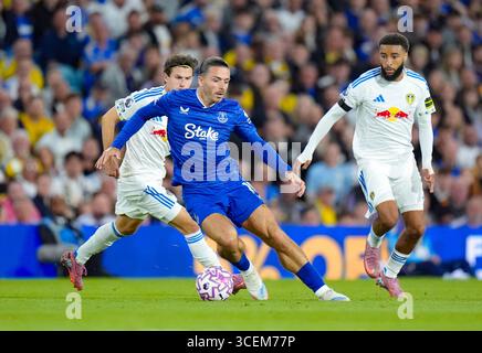 Leeds United's Brenden Aaronson and Everton's Jack Grealish battle for ...