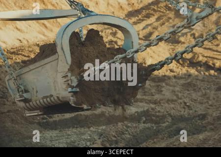 A dragliner bucket on cables scoops up soil at a gold mine Stock Photo ...