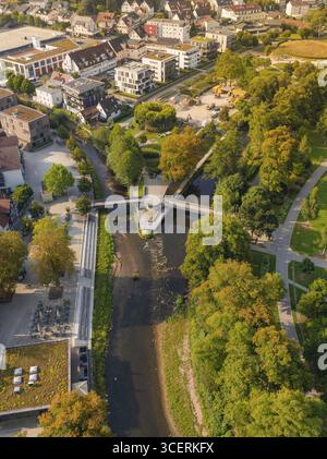Aerial view of autumn colours surrounding Black Linn Falls on River ...