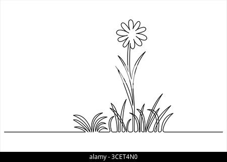 Continuous line meadow grass with floral element minimalist botanical ...