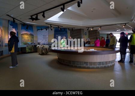 People looking at a scale model of Mt. McKinley inside Eielson Visitor ...