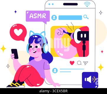 ASMR Lifestyle Vector Illustration Featuring Young People Recording ...