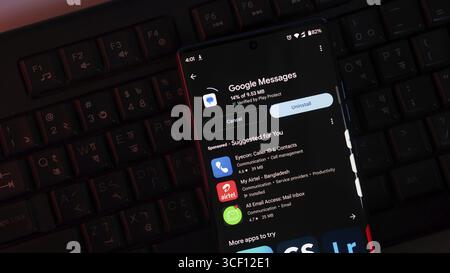 Smartphone displaying Google Messages app interface with uninstall and ...