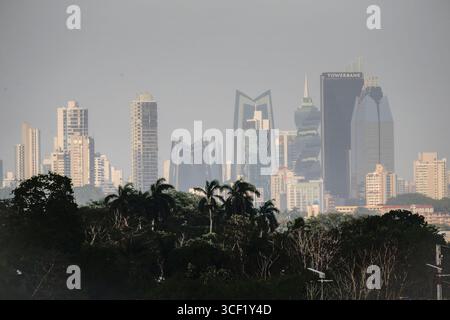 The Panama Canal: the high-rise towers of Panama City appearing above ...