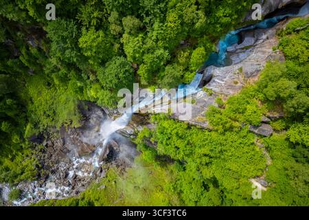 Aerial view of the Foroglio waterfall from above. Foroglio, Cevio, Val ...