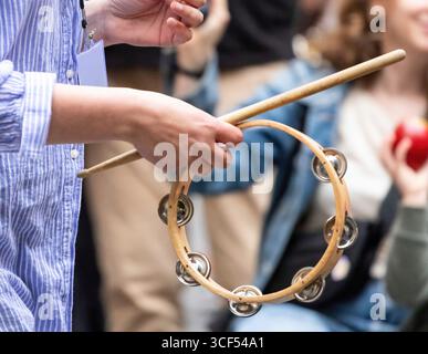 Close up hands holding a sound healing instrument, the zimbal for a ...