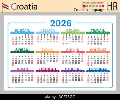 Croatian horizontal Pocket calendars for 2026 (Two thousand twenty six ...