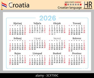 Croatian horizontal Pocket calendars for 2026 (Two thousand twenty six ...