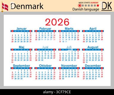 Denmark horizontal Pocket calendars for 2026 (Two thousand twenty six ...