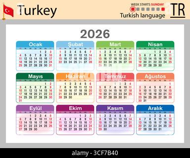 Turkish horizontal Pocket calendars for 2026 (Two thousand twenty six ...