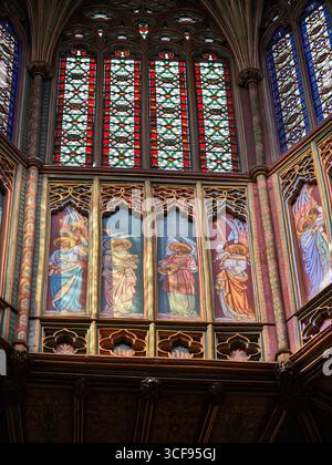 Octagon tower, with figure of angels, at Ely medieval cathedral ...