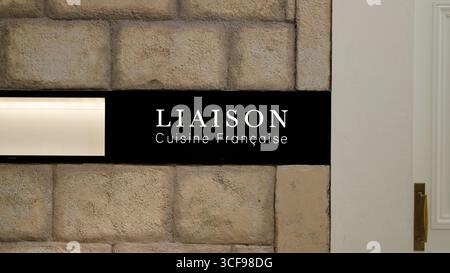 Liaison Cuisine Francaise sign at the French food restaurant in ...