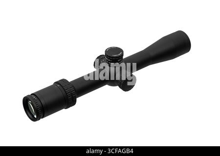 A long black rifle scope on a white background Stock Photo - Alamy