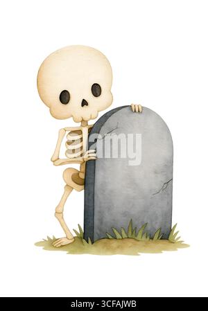Cute Halloween Skeleton Watercolor Illustration, Spooky Skull Character ...