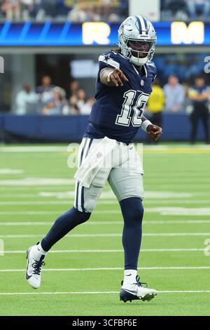 Dallas Cowboys quarterback Joe Milton III (10) warms up before an NFL ...