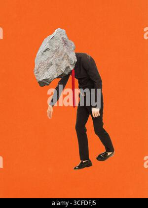 Bold colorful poster of man with rock head dragging his feet Stock ...