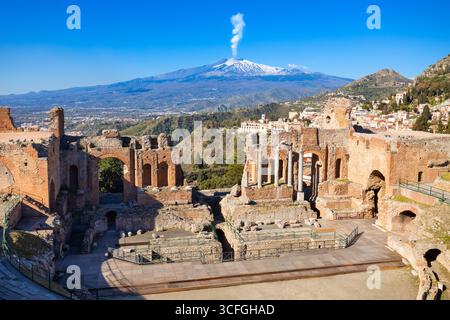 Panoramic aerial view of Taormina Sicily coastline and Greek Theatre ...