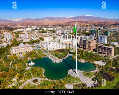 Dushanbe Flagpole square and lake aerial panoramic view. Dushanbe is ...