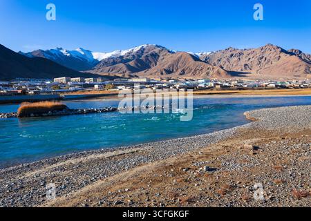 Bartang river, Murghab town and Pamir mountains in Tajikistan. Murghab ...