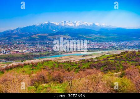 Charvak and Xojikent town and Chirchiq river in the Tian Shan or Tengri ...