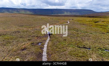 Drone photo of two walkers on flagged footpath, Pennine Way, Kinder ...