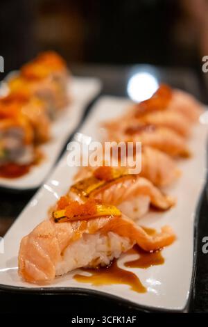 Aburi japanese food or Salmon slice roasted torched with vegetable ...