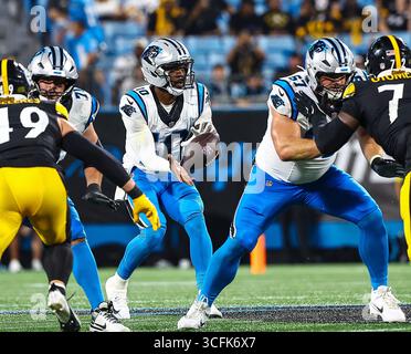Carolina Panthers quarterback Bryce Perkins (10) drops back to pass ...