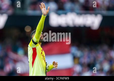David Raya of Arsenal acknowledges the fans after the teams victory ...