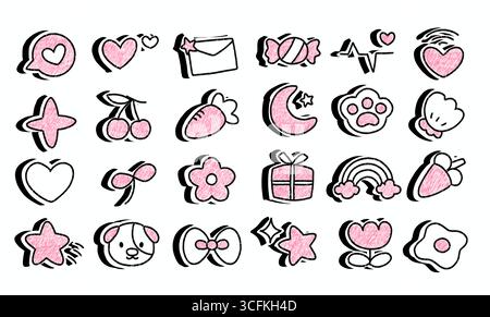 cute cartoon pink characters, love letters, hearts, flowers, and ...