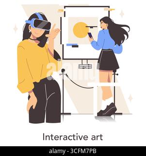 Vector illustration of a person engaging with augmented reality to ...