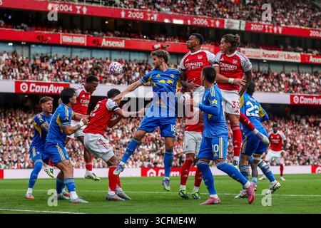 Anton Stach of Leeds United heads on goal during the Premier League ...