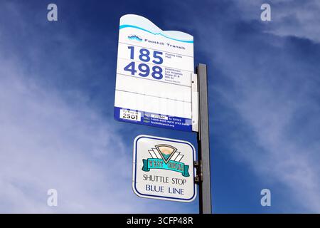 West Covina, California: Bus stop sign with Foothill Transit and West ...