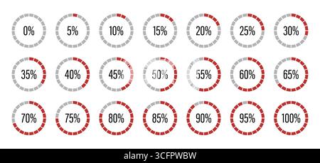 Red and gray color fill pie charts indicator. Red progress bars. Round ...