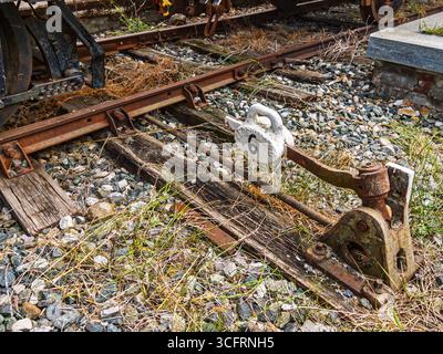 Railroad switch mechanism near train tracks Stock Photo - Alamy