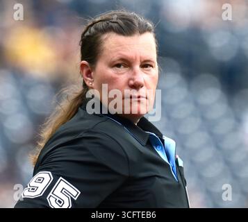 MLB home plate umpire Jen Pawol (95) in the first inning of a baseball ...