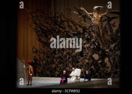 Pope Leo XIV delivers his speech during a meeting with diplomats ...