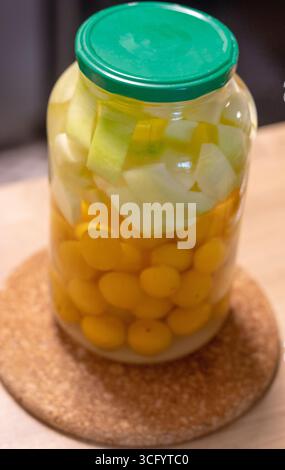 Canned compote in jars of various fruits and berries Stock Photo - Alamy